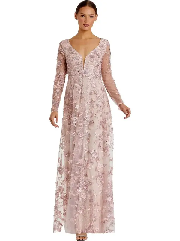 Mac Duggal Floral Applique Long Sleeve Illusion Gown - Pink