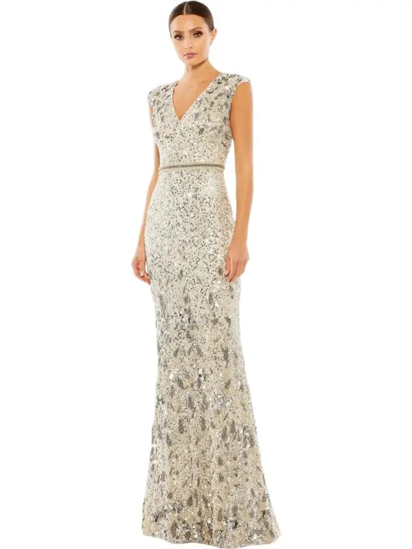 Mac Duggal Embellished V-neck Cap Sleeve Sequin Gown - Silver