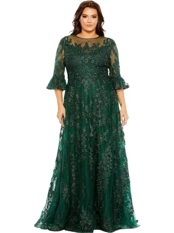 Mac Duggal High Neck Flutter Sleeve Embroidered A-line Gown - Green
