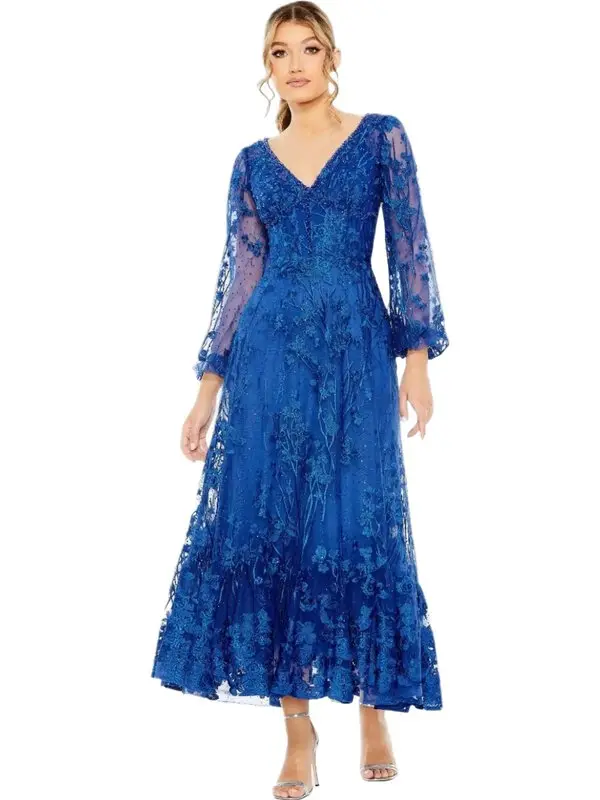 Mac Duggal Embroidered A-line Tea Length Dress - Blue
