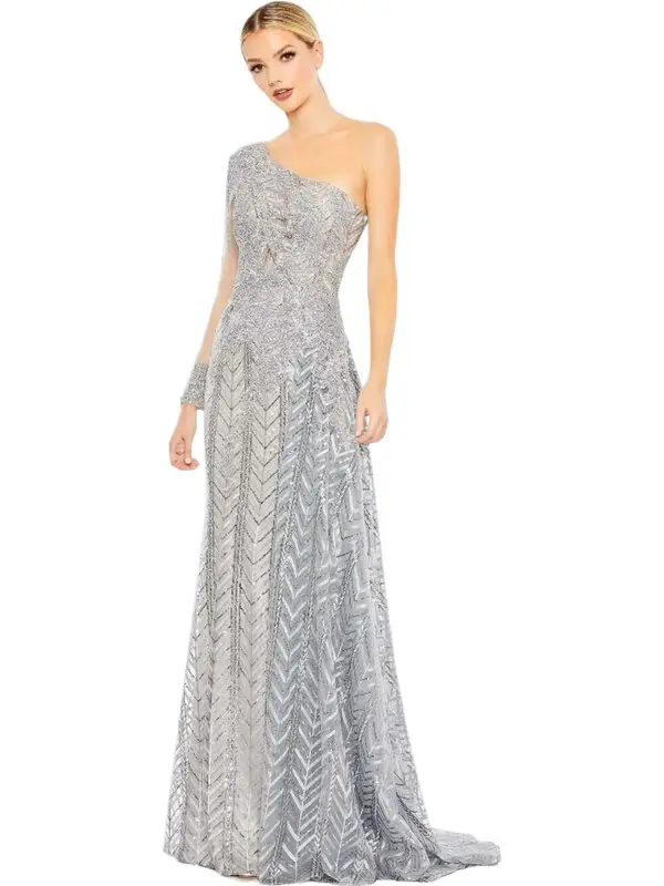 Mac Duggal Embellished One-shoulder A-line Gown - Silver