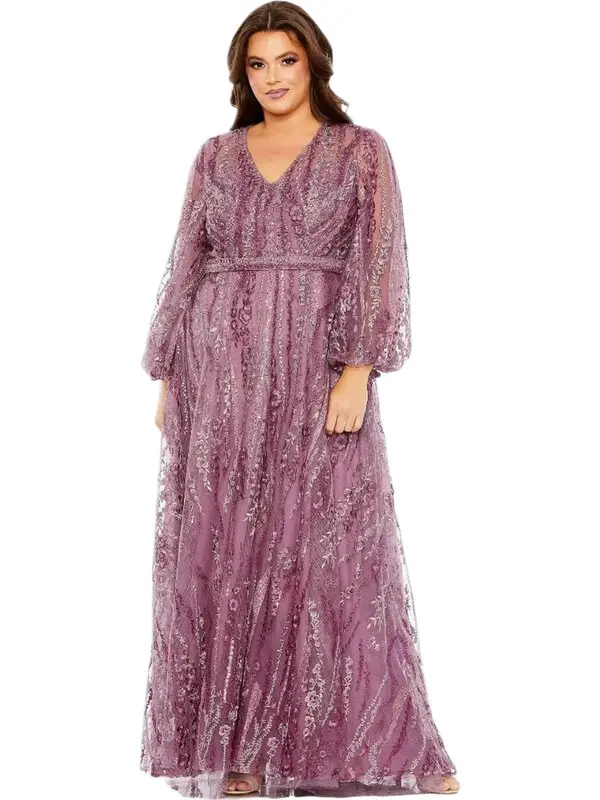 Mac Duggal V-neck Embroidered A-line Gown With Puff Sleeves - Purple