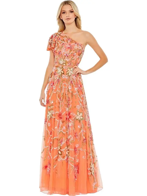 Mac Duggal One-shoulder Floral Embellished A-line Gown - Orange