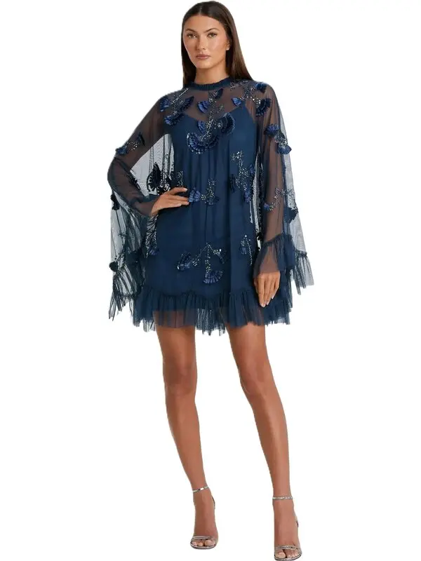 Mac Duggal Embellished Long Sleeve Trapeze Mini Dress - Navy