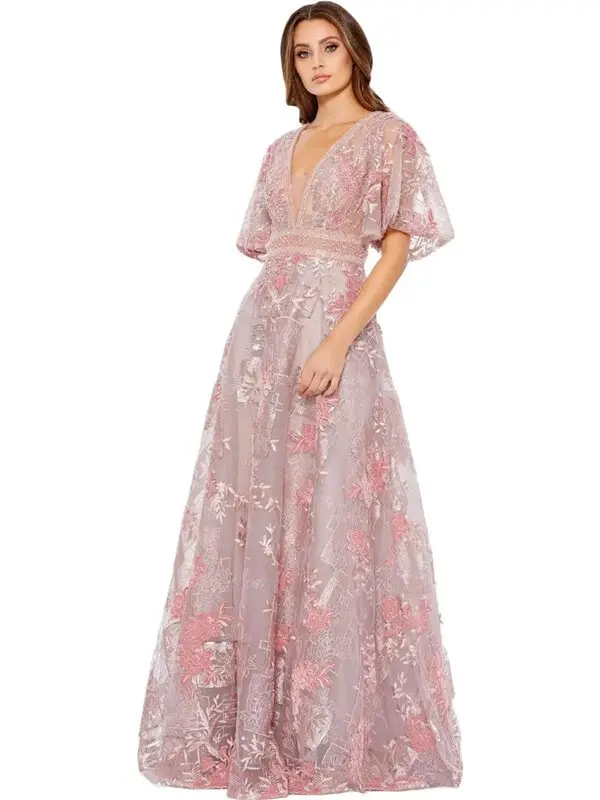 Mac Duggal Embroidered Flounce Sleeve A-line Gown - Pink