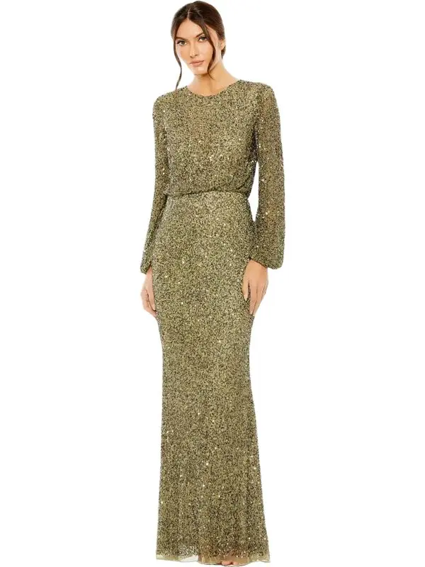 Mac Duggal High Neck Long Sleeve Beaded Blouson Gown - Green