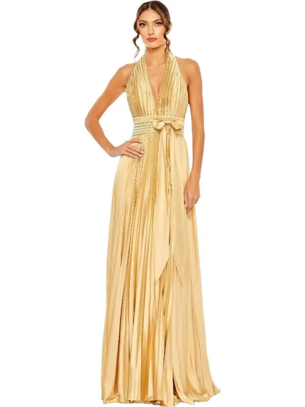 Mac Duggal Pleated Halter Neck Gown With Bow - Gold