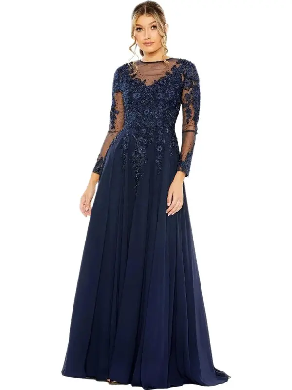 Mac Duggal High Neck Long Sleeve Embellished A-line Gown - Navy