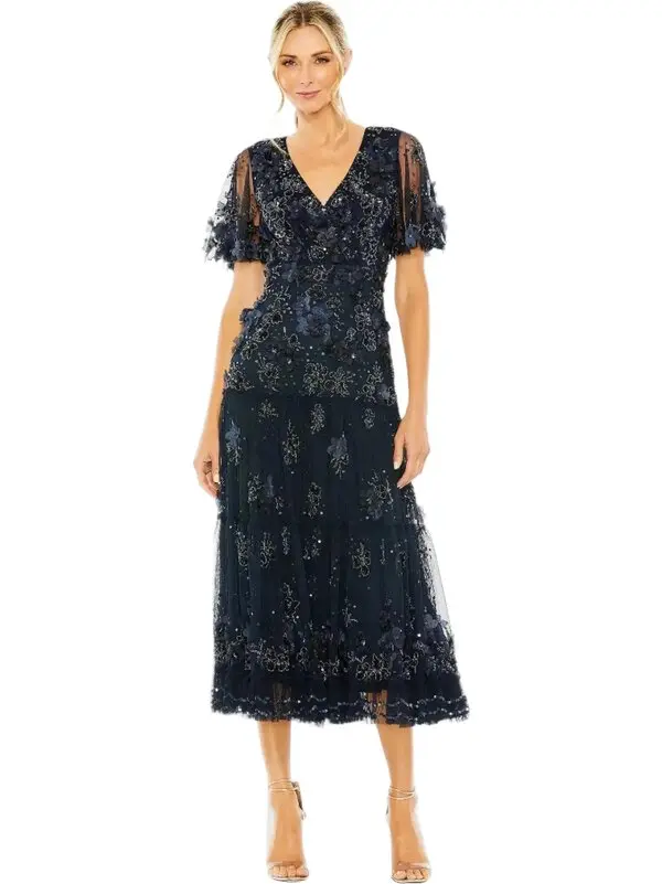 Mac Duggal Floral Embellished Flutter Sleeve Dress - Navy