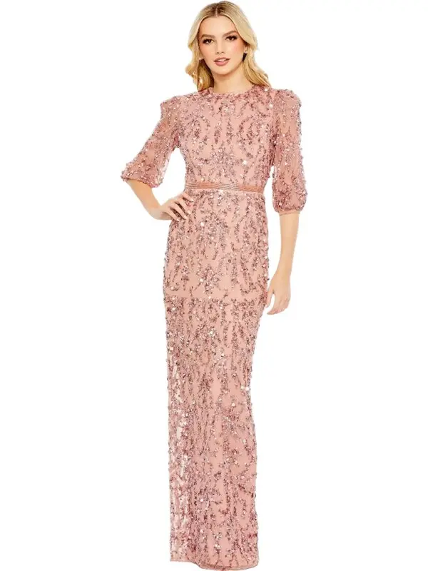 Mac Duggal Embellished Column Gown With 3/4 Sleeves - Pink