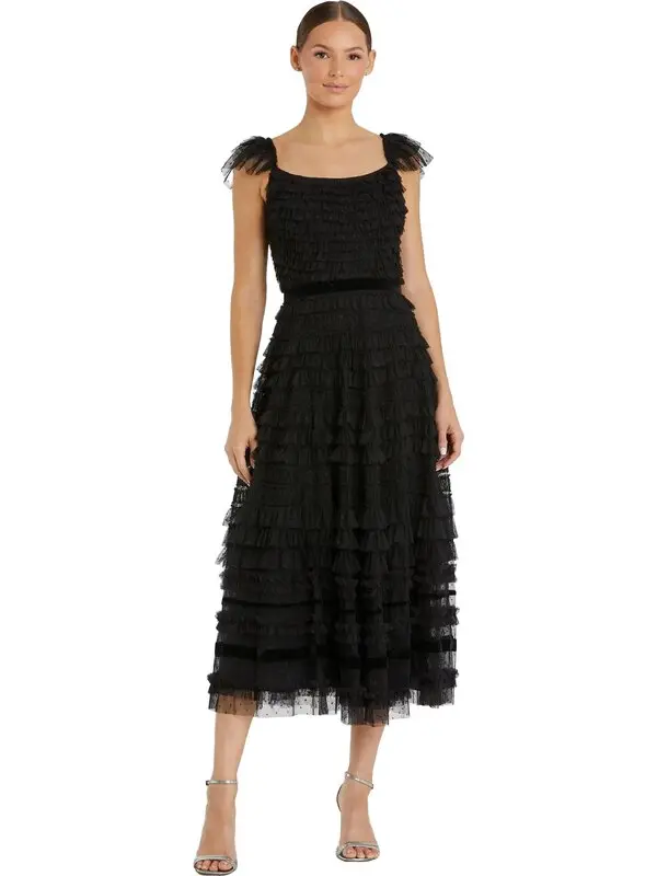 Mac Duggal Ruffle Cap Sleeve Tiered Midi Dress - Black