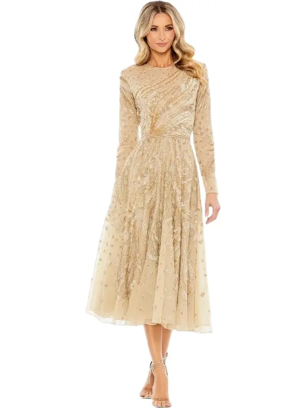 Mac Duggal Embellished Illusion High Neck Long Sleeve Dress - Neutral