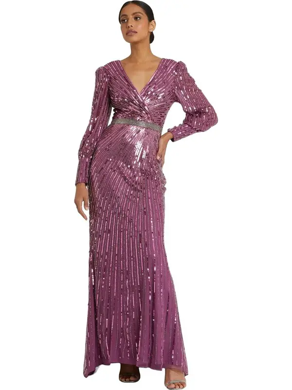 Mac Duggal Sequined Wrap Over Bishop Sleeve Gown - Purple