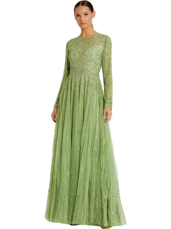 Mac Duggal Embellished Illusion High Neck Gown - Green