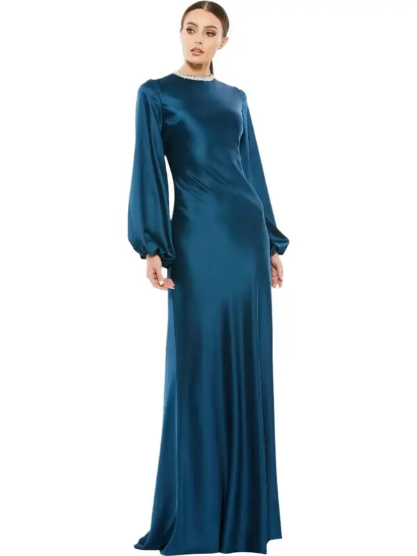 Mac Duggal Beaded High Neck Bishop Sleeve Satin Gown - Blue