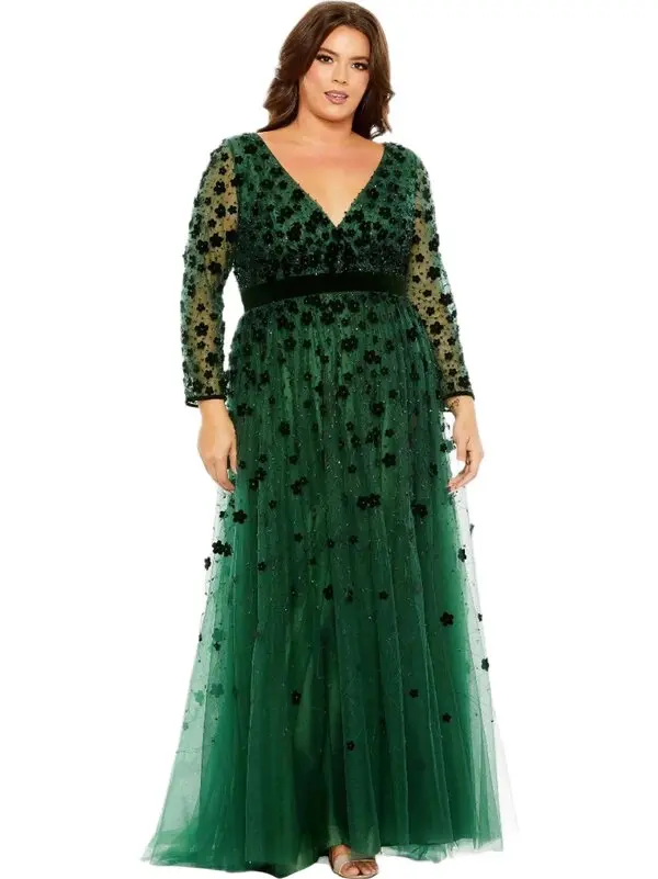 Mac Duggal Velvet Floral Appliqué Long Sleeve A-line Gown - Green