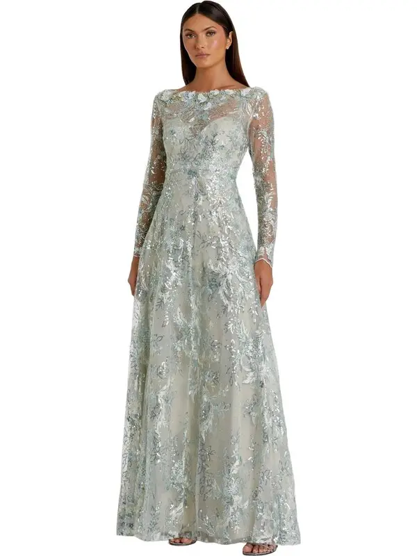 Mac Duggal Floral Embroidered Illusion Long Sleeve Gown - Green