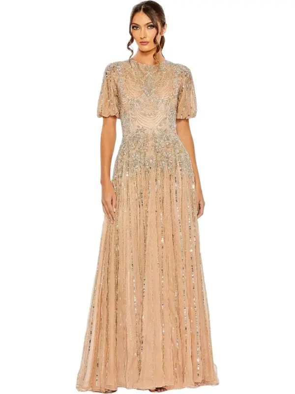 Mac Duggal Embellished A-line Gown With Puff Sleeves - Neutral
