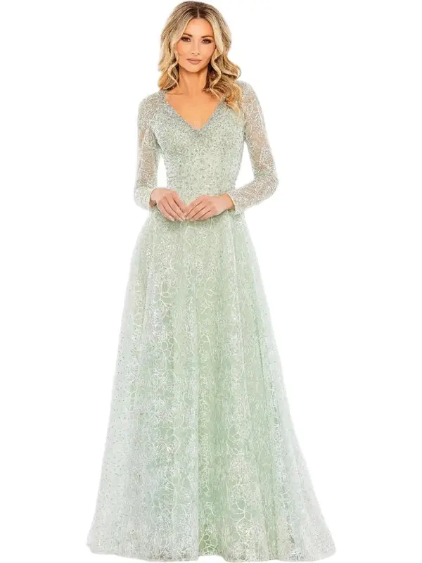 Mac Duggal Crystal Embellished Long Sleeve V-neck Gown - Green