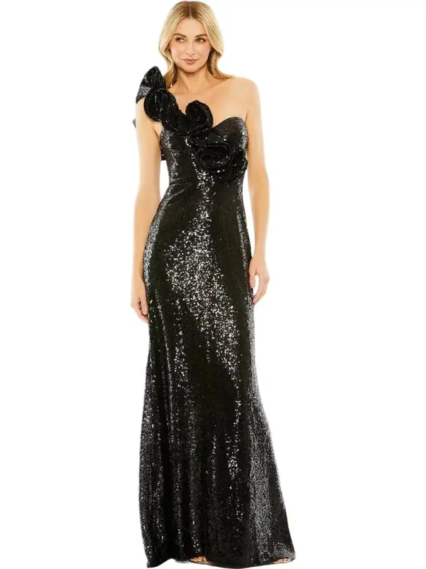 Mac Duggal Sequin Ruffled One Shoulder Gown - Black