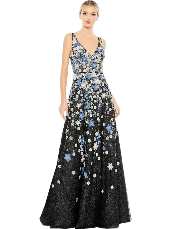 Mac Duggal Floral Applique A-line Evening Gown - Black Multi