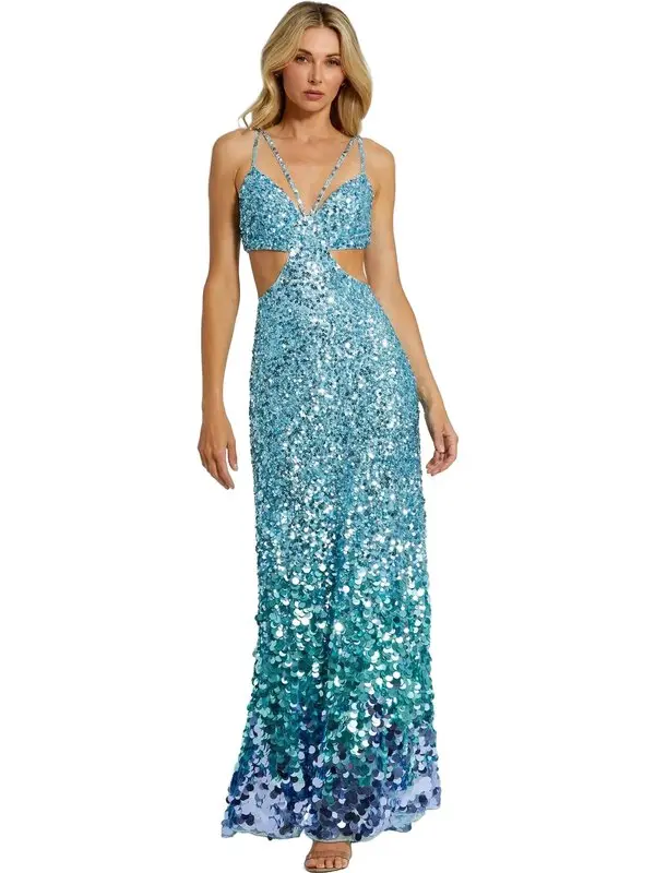 Mac Duggal Thin Strap Cut-out Ombre Sequin Evening Gown - Blue