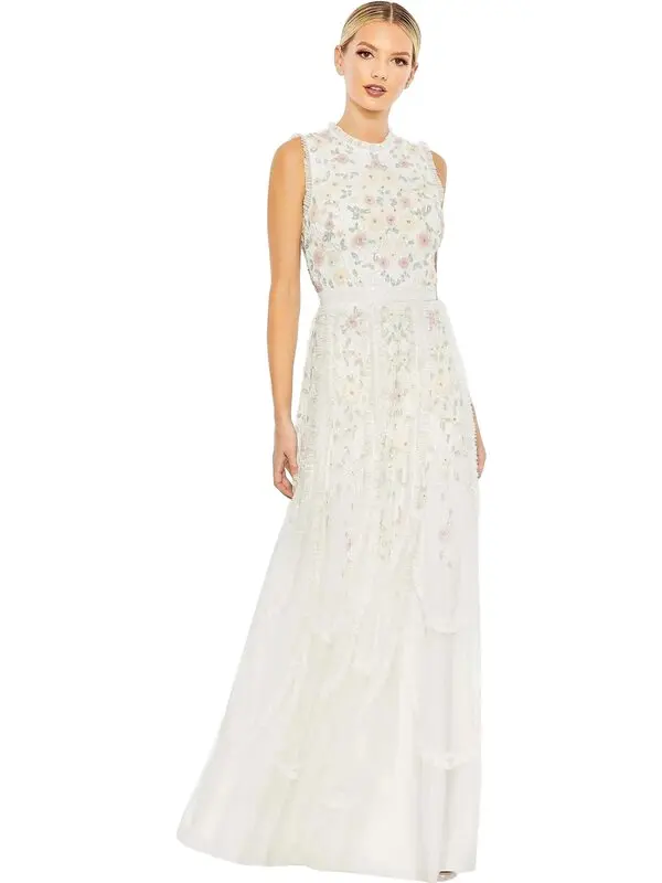 Mac Duggal Beaded Sleeveless Gown - White