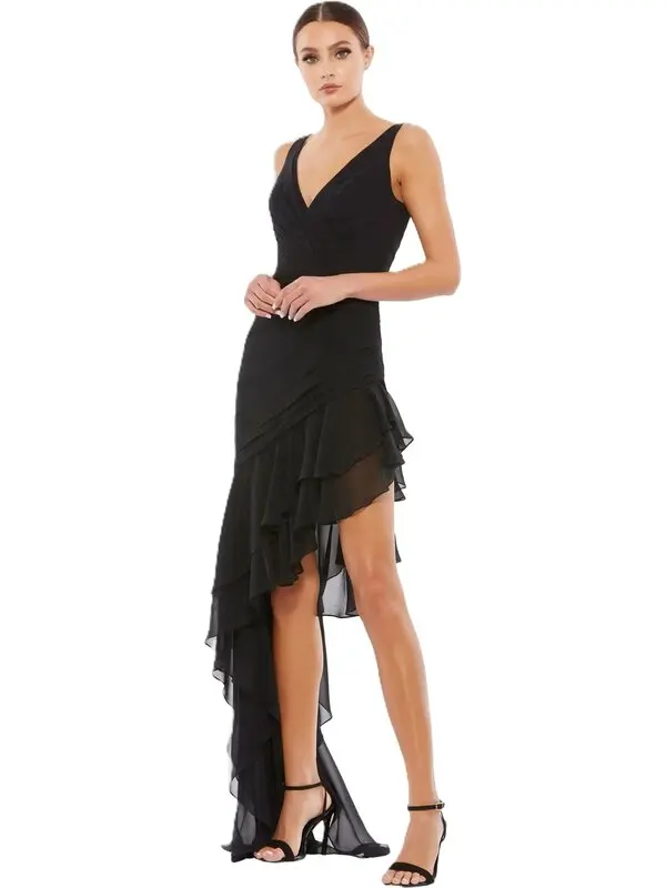 Mac Duggal Asymmetrical Ruffled V-neck Chiffon Dress - Black