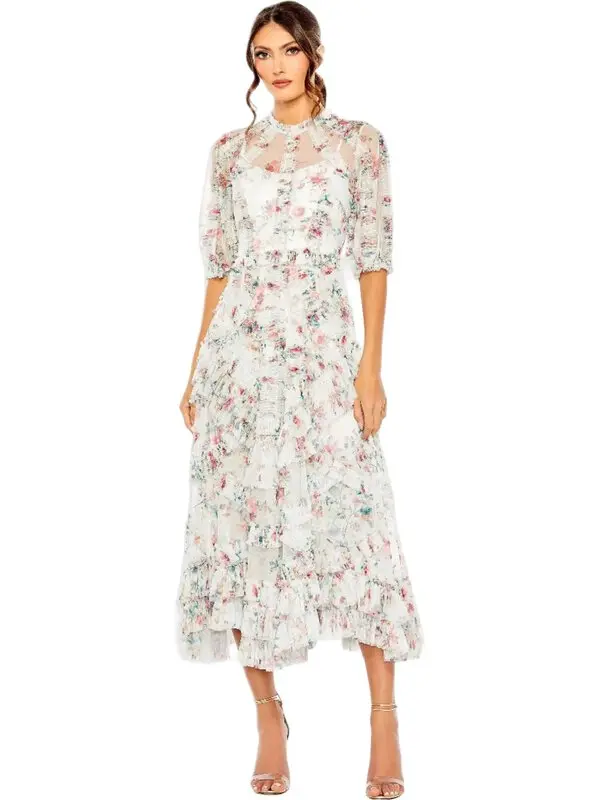 Mac Duggal Floral Print Mesh Puff Sleeve Dress - White