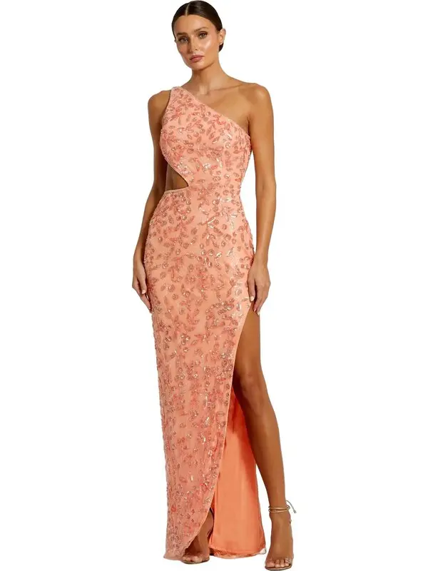 Mac Duggal One-shoulder Embellished Gown With Slit - Pink
