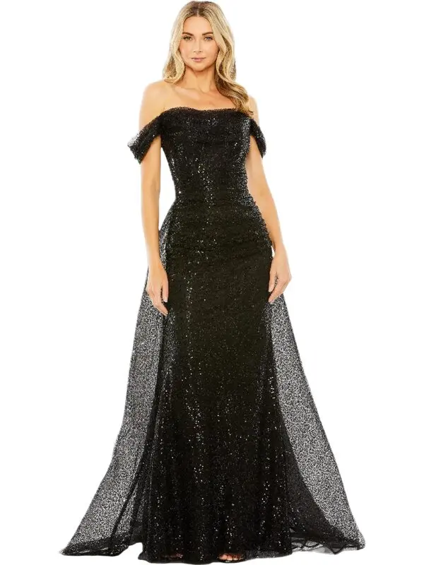 Mac Duggal Sequin Gown With Overskirt And Off-the-shoulder Neckline - Black