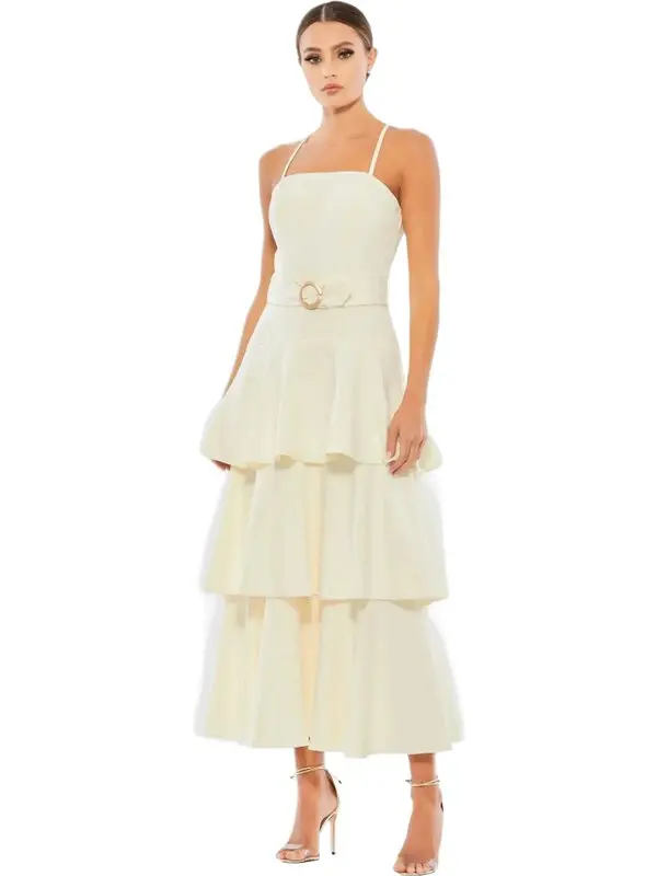 Mac Duggal Belted Tiered Ruffle Midi Dress - White