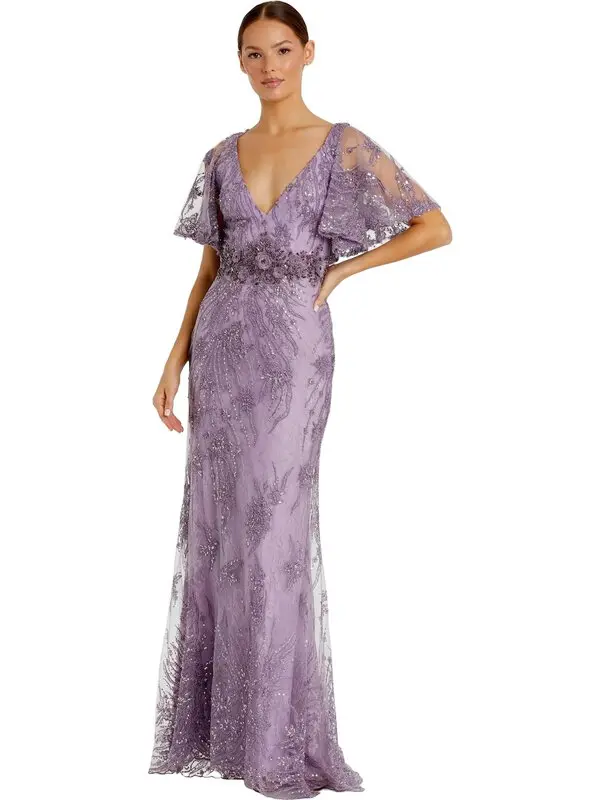 Mac Duggal Embellished Flutter Sleeve Evening Gown - Purple