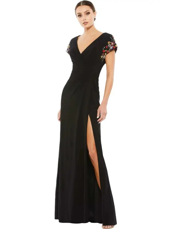 Mac Duggal Embellished Sleeve Jersey Wrap Gown - Black