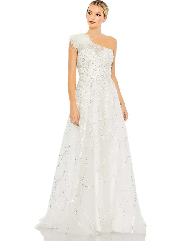 Mac Duggal Sheer Hand-embellished Tulle Gown - White