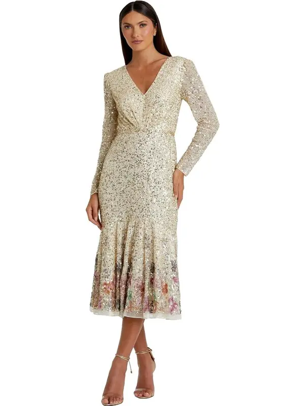 Mac Duggal Embellished Faux Wrap Tea-length Dress - Gold