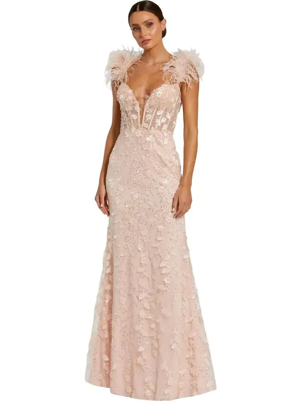 Mac Duggal Sheer Applique Bustier Gown With Feather Straps - Pink