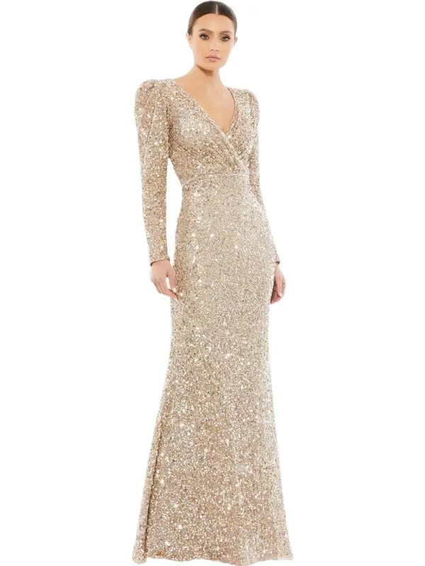Mac Duggal Sequin Embellished Column Gown With Puff Sleeves - Gold
