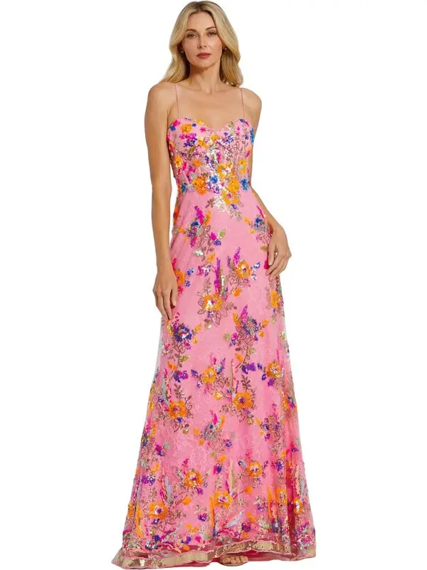 Mac Duggal Floral Sequin Lace Gown With Sweetheart Neckline - Pink Multi
