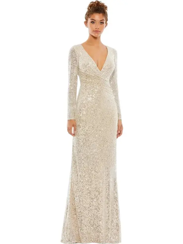 Mac Duggal Sequin Faux Wrap Gown - Neutral
