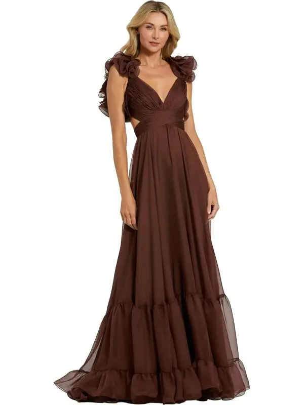 Mac Duggal Ruffle Tiered Cut-out Chiffon Gown - Brown