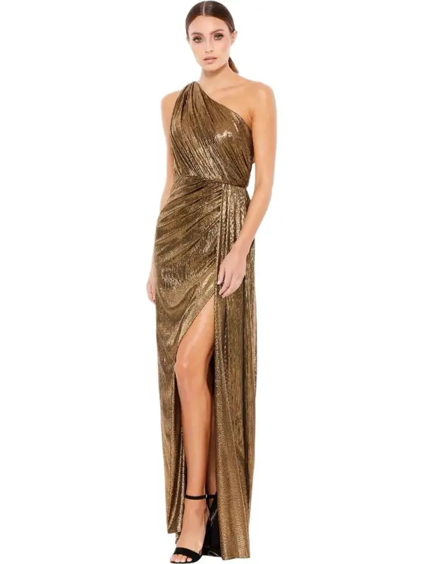 Mac Duggal One-shoulder Draped Metallic Gown - Gold