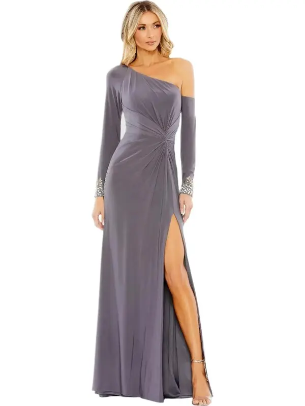 Mac Duggal Side Twist Drop Shoulder Beaded Cuff Gown - Gray