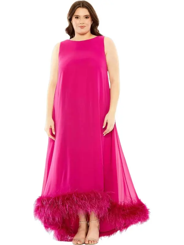 Mac Duggal High Neck Feather Hem Gown - Pink
