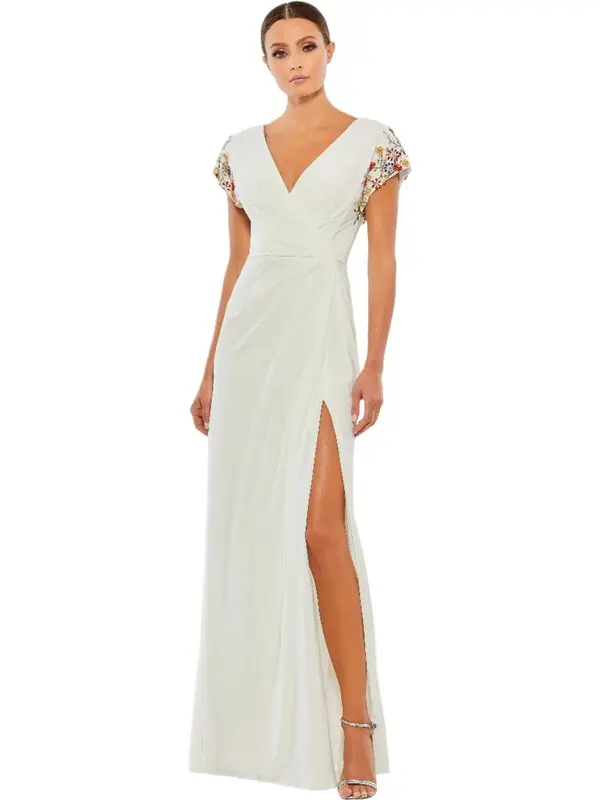 Mac Duggal Embellished Cap Sleeve Gown - White