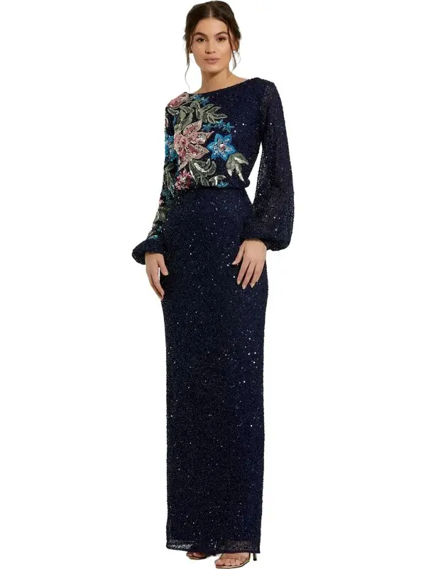 Mac Duggal High Neck Long Sleeve Sequin Gown - Navy