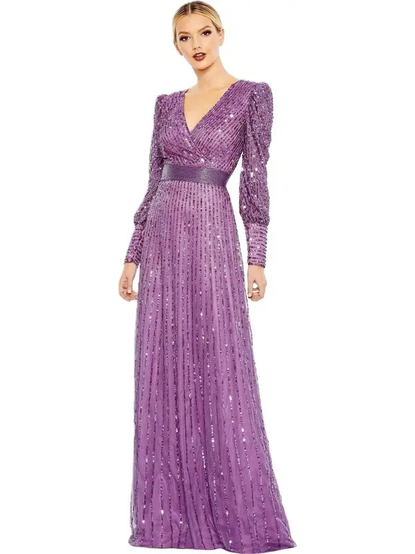 Mac Duggal Sequin Bishop Sleeve Wrap Gown - Purple