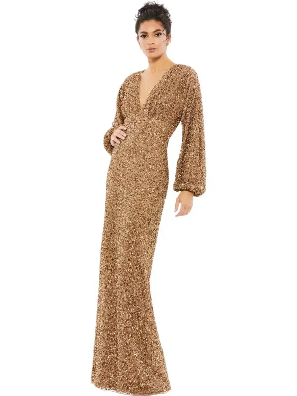 Mac Duggal Sequined V-neck Gown With Puff Sleeves - Brown
