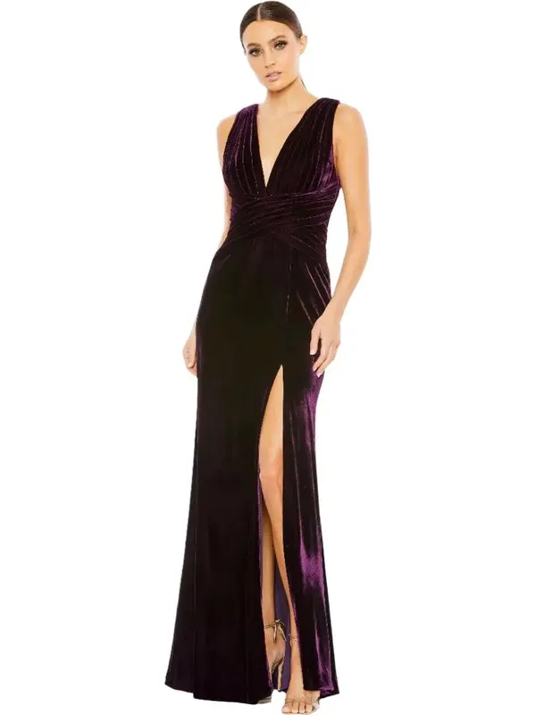 Mac Duggal Sleeveless Plunge Neck Pleated Velvet Gown - Purple