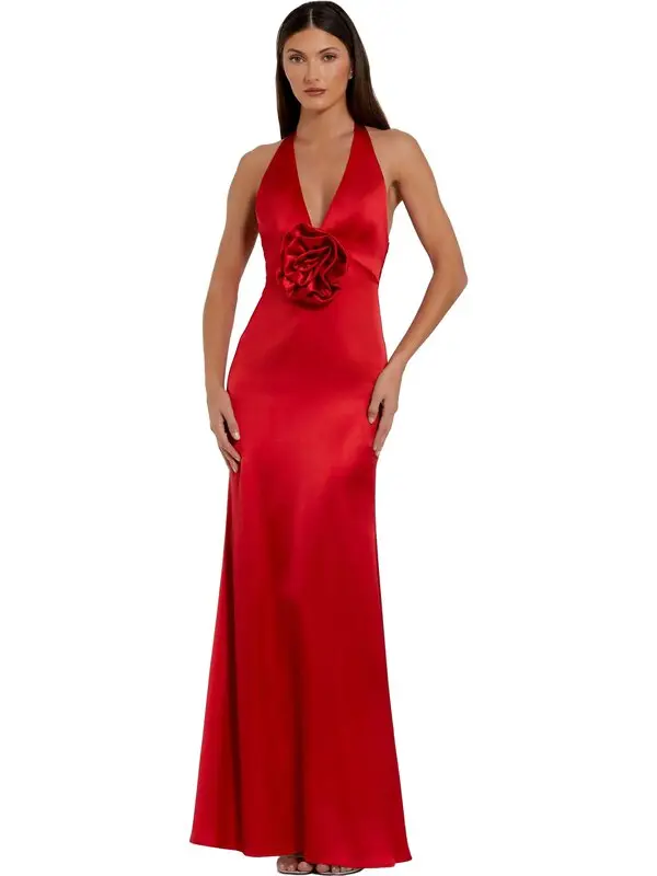Mac Duggal Fitted Halter Gown With 3d Flower - Red
